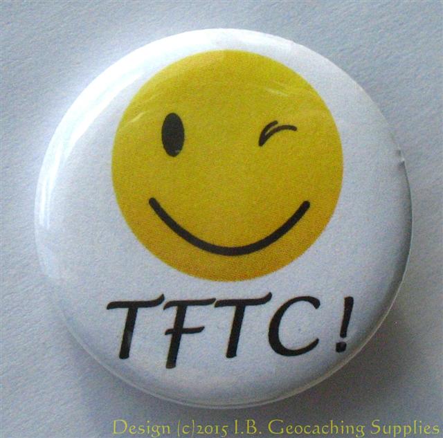 Geocaching Button Badges - TFTC Winking Smiley (White Background)
